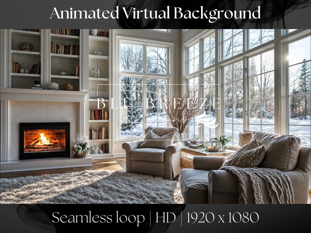Animated Clean Winter Living Room Fireplace Virtual Background for Zoom ...