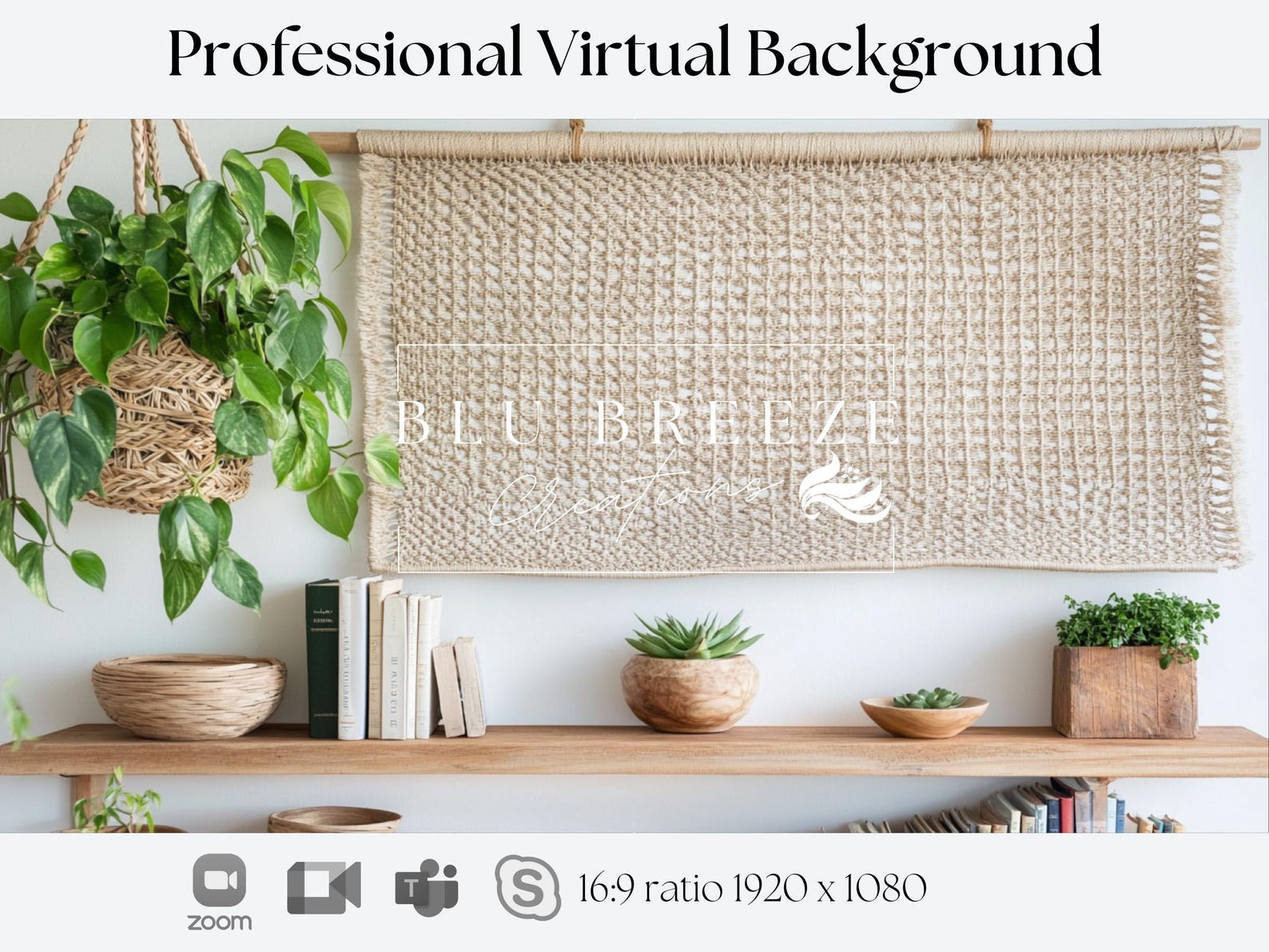 Modern Boho Home Office Zoom Background, Professional Virtual Office ...