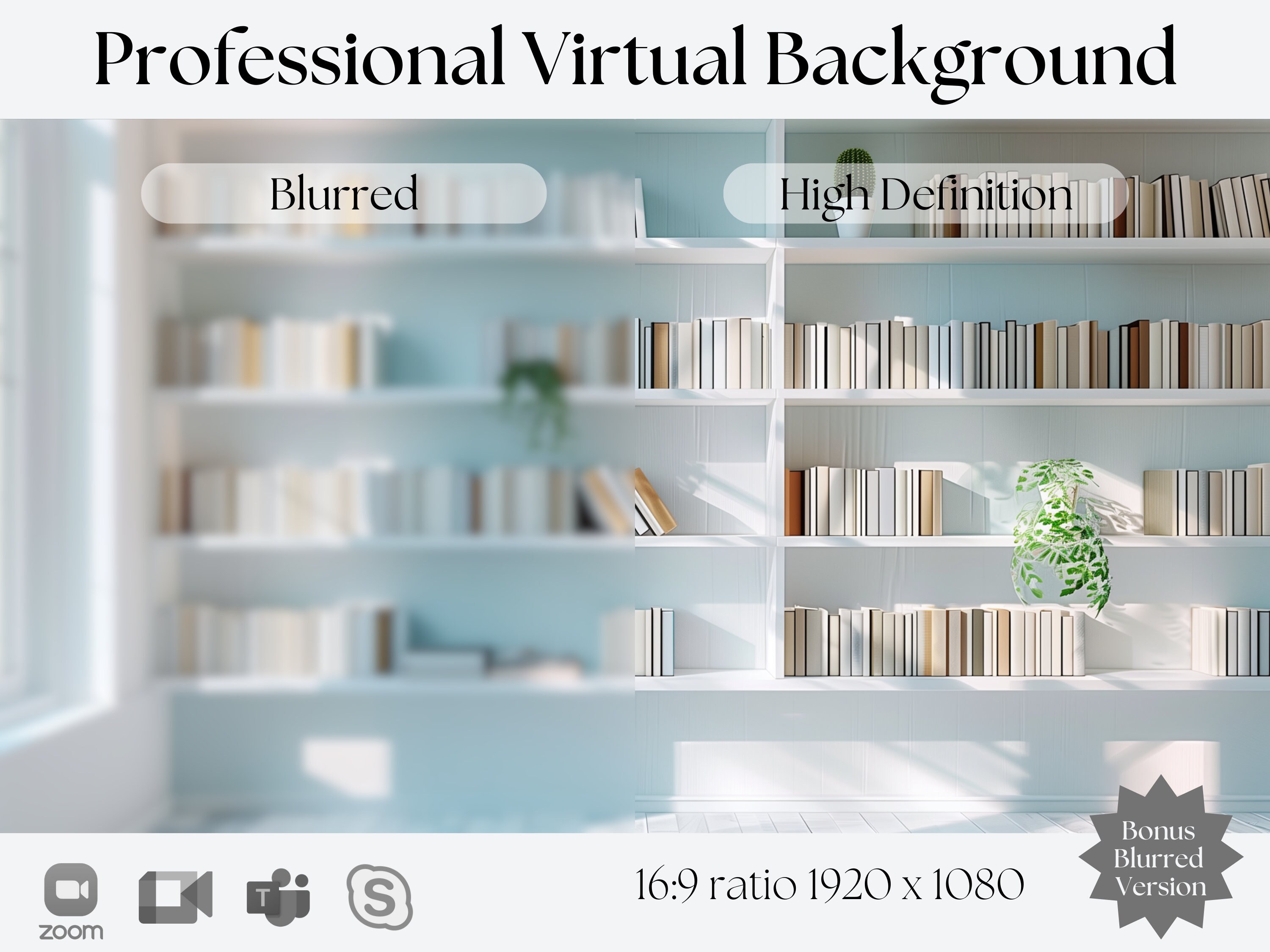 Virtual Bookshelf Background Blue Wall With Natural Light Zoom, Teams ...