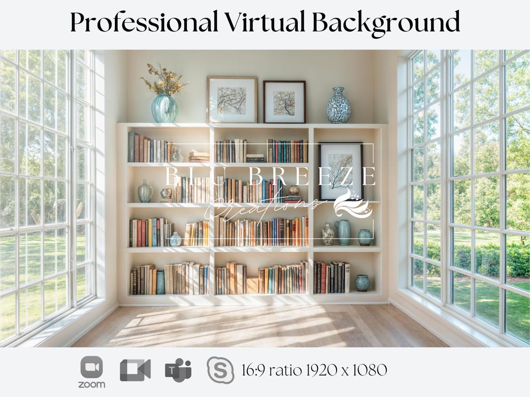 Sunlit Office Shelves Virtual Background for Zoom, Google Meet, Skype ...