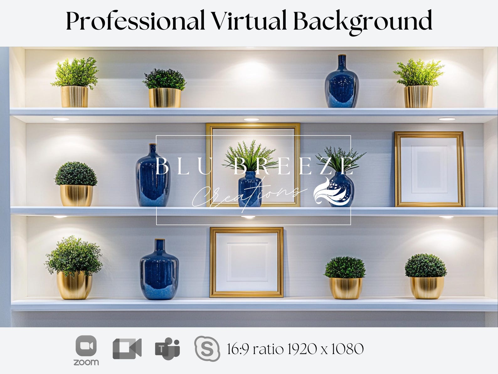 Blue and Gold Decor Zoom Background With Recessed Lighting - Virtual ...