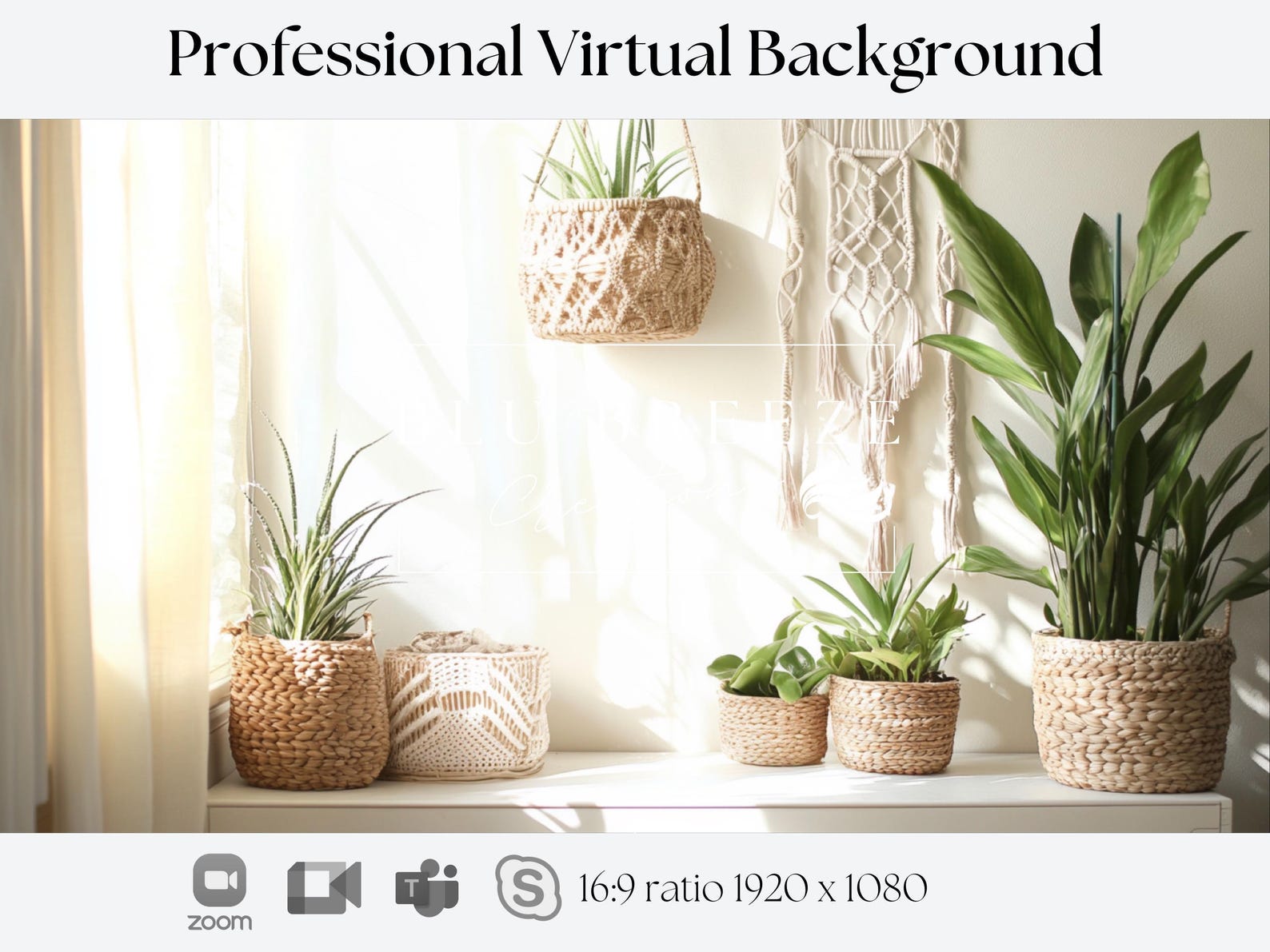 Modern Boho Home Office Zoom Background, Professional Virtual Office ...