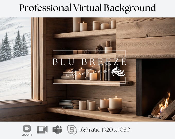 Virtual Background - Cozy Log Cabin Lodge Wood Fireplace Snow Trees Home Office Backdrop Zoom ...