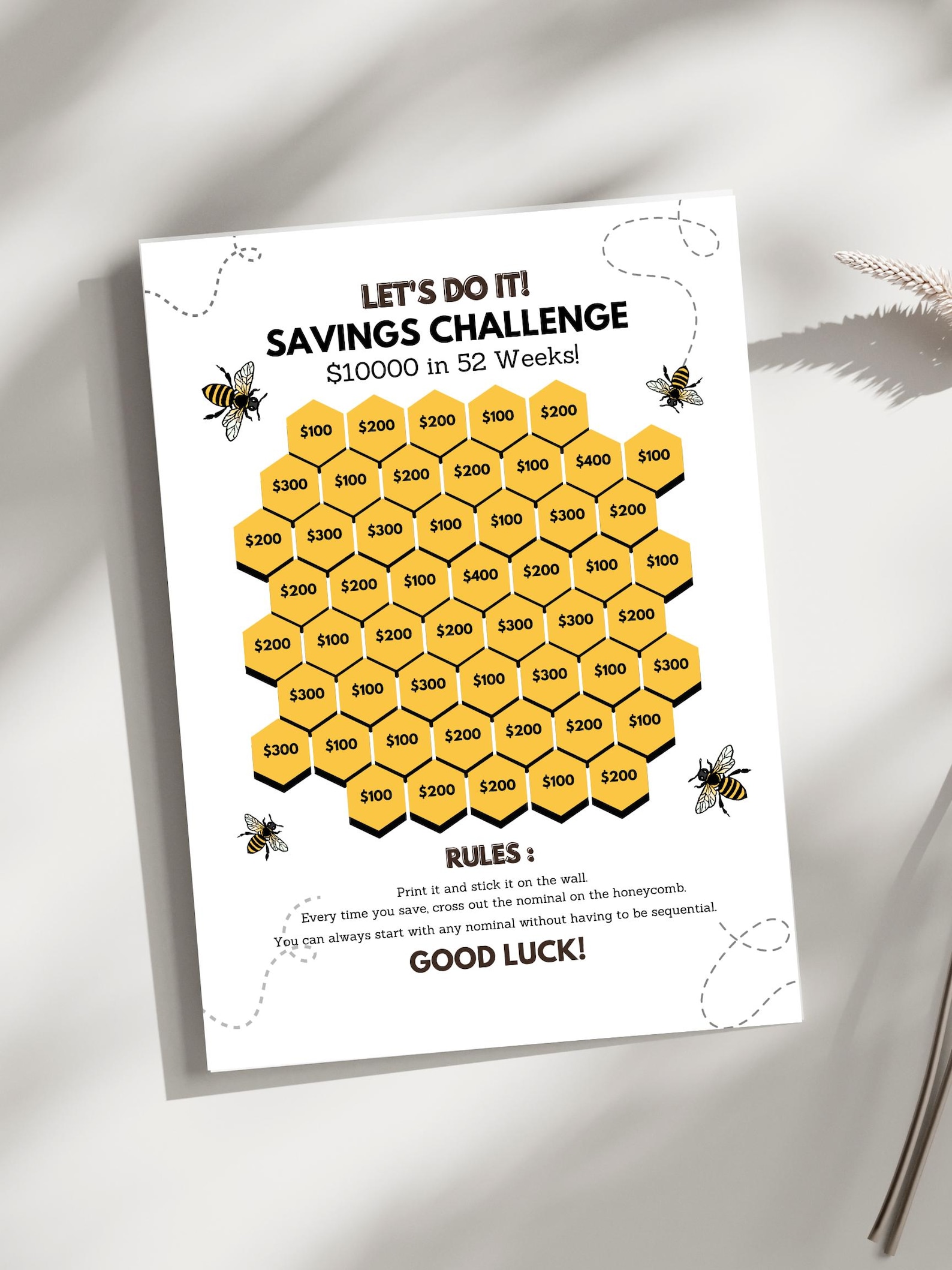 Honeycomb Savings Template Saving Money Printable 10,000 Savings Challenge 52 Week Savings ...