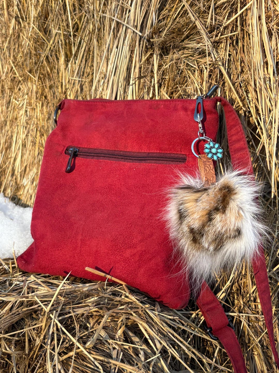 Bobcat Fur Pom Keychain With Leather Strap and Turquoise Charm - Etsy