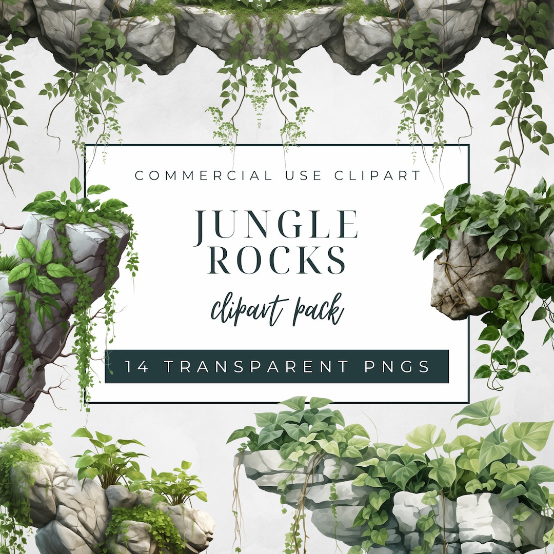 Jungle Rocks Clipart Pack, Commercial Use Clipart, Transparent Pngs, Watercolor Jungle Vine Rock ...