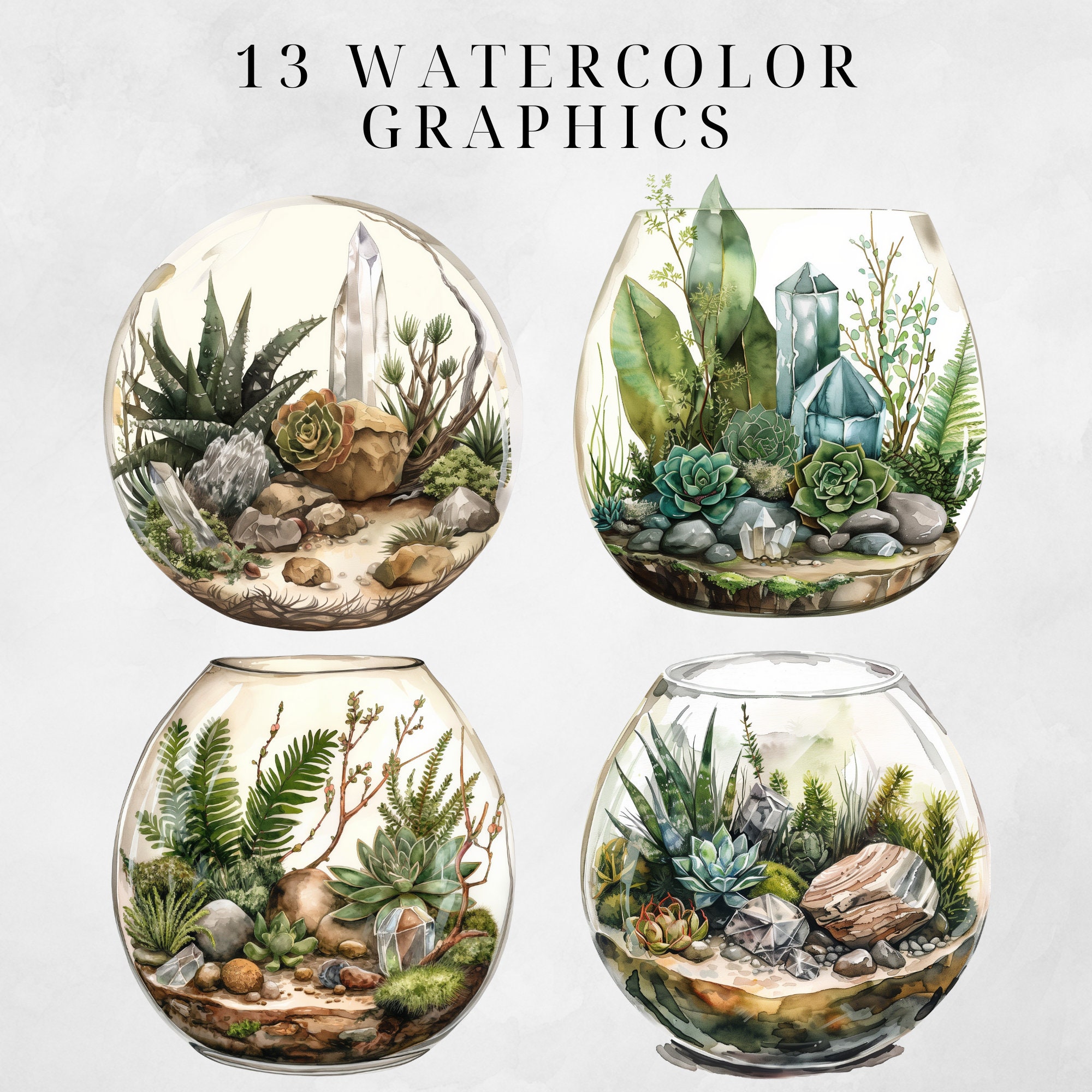 Succulent Terrarium Clipart Pack, Commercial Use Clipart, Transparent ...