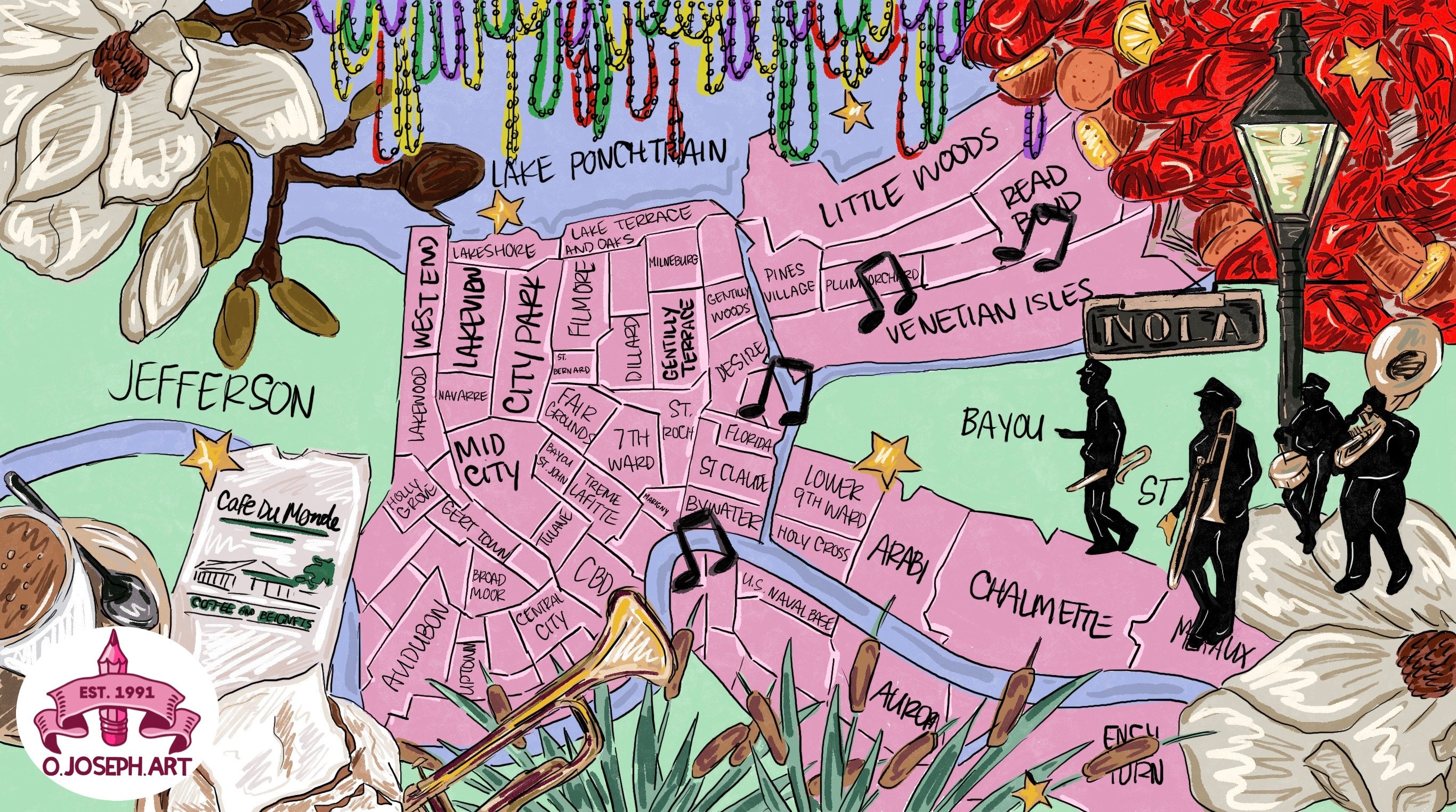 New Orleans Map 13 X 19 Print Etsy