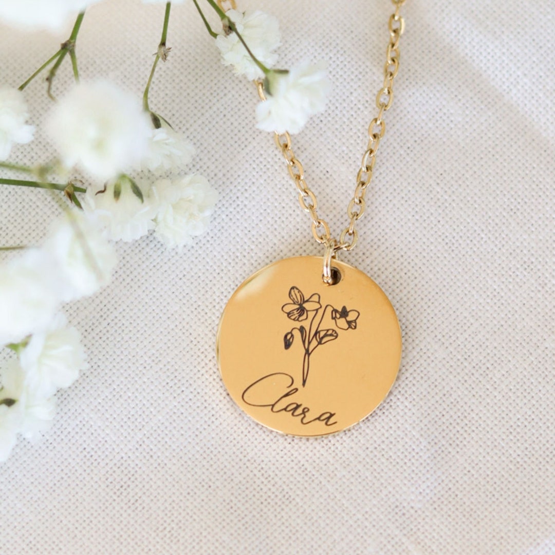 Personalized Name Birth Flower Necklace Gift for Mom Handmade ...