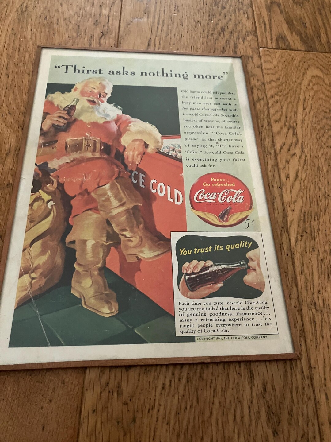 RARE VINTAGE 1941 Santa Claus Coca-cola Ad: ORIGINAL Framed in Glass ...