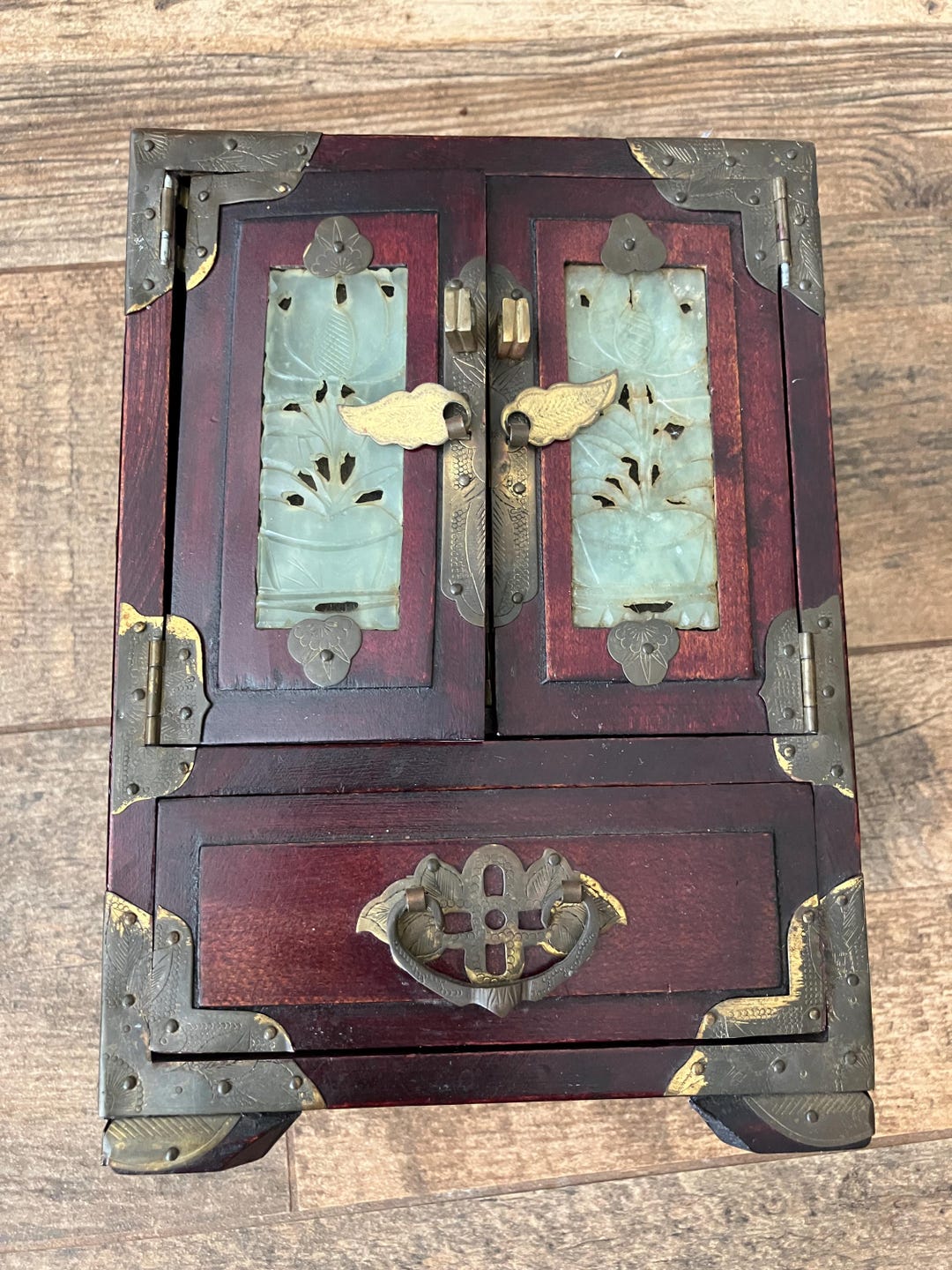 ANTIQUE CHINESE Jewelry Box: Rosewood Carved Jade Brass Silk. RARE Find ...