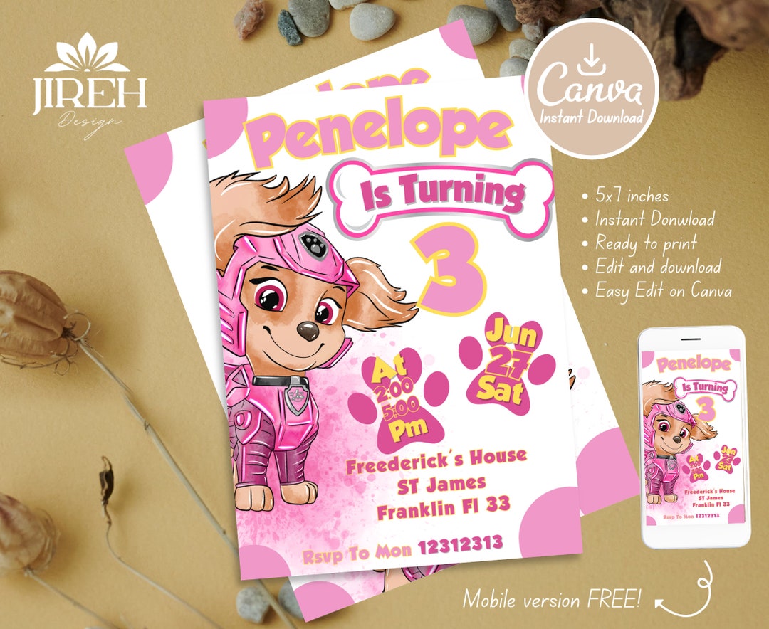 EDITABLE Party Birthday Invitation Canva / Paw-ty Invitaiton Card ...