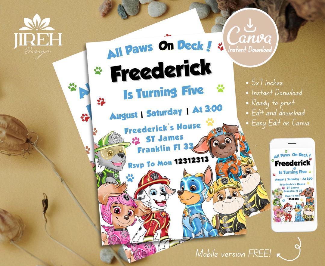 EDITABLE Party Birthday Invitation Canva / Paw-ty Invitaiton Card ...