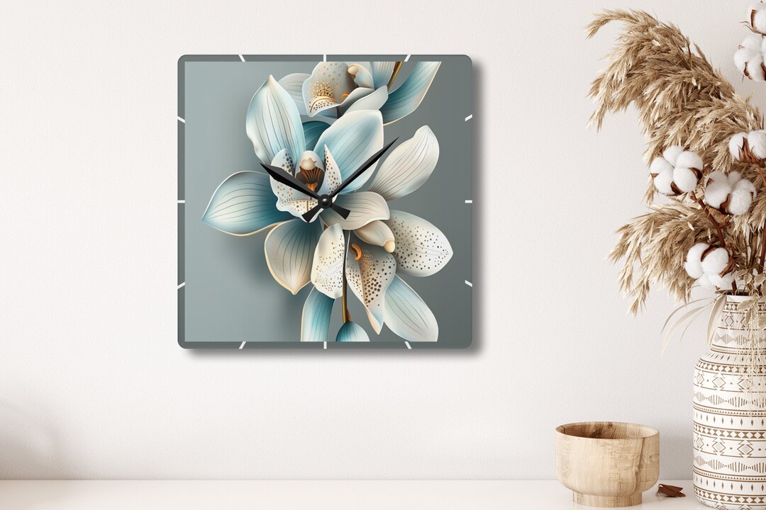 Floral Wall Clock, Modern Botanical Design, Elegant White and Blue ...