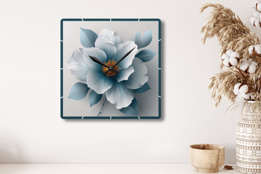 Floral Wall Clock, Elegant Blue Flower Design, Modern Botanical Home ...