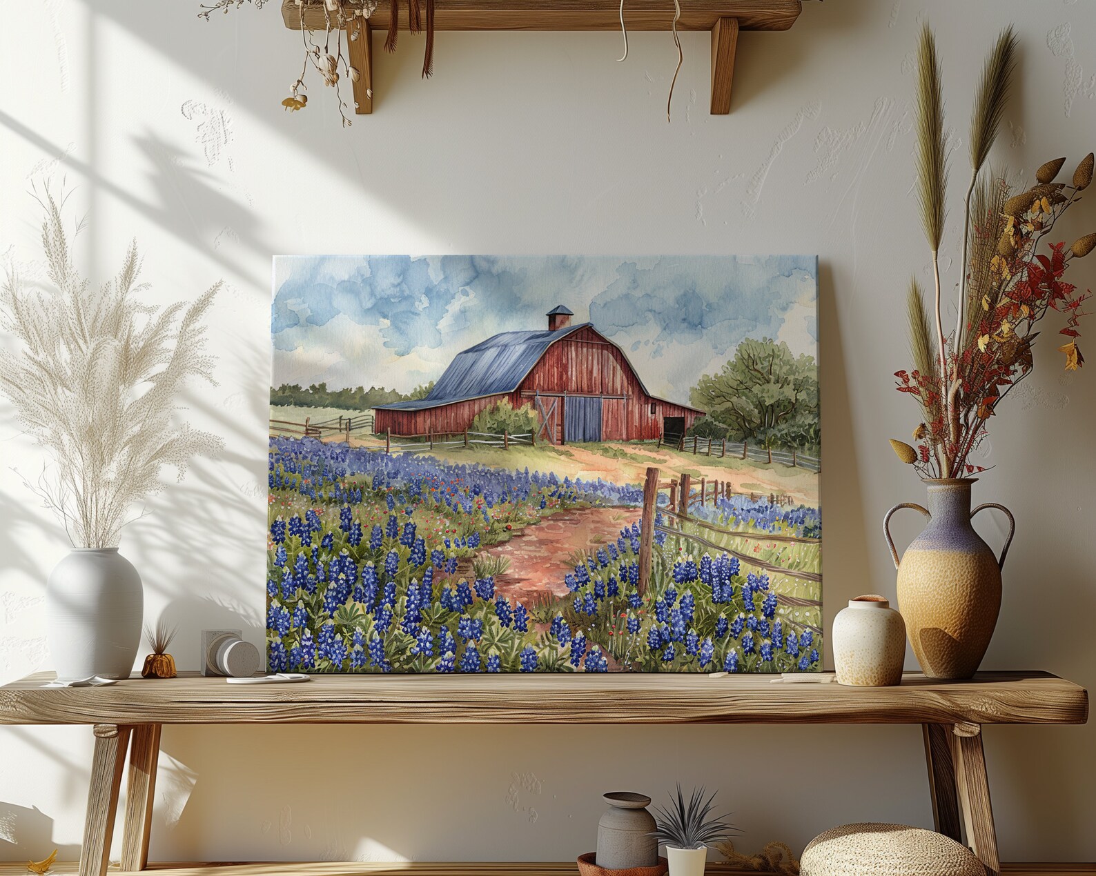 Rustic Barn and Bluebonnet Field Watercolor Painting, Country Farmhouse ...