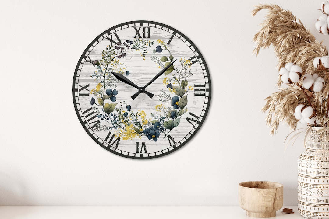 Floral Wall Clock, Rustic Farmhouse Decor, Large Wooden Round Clock ...