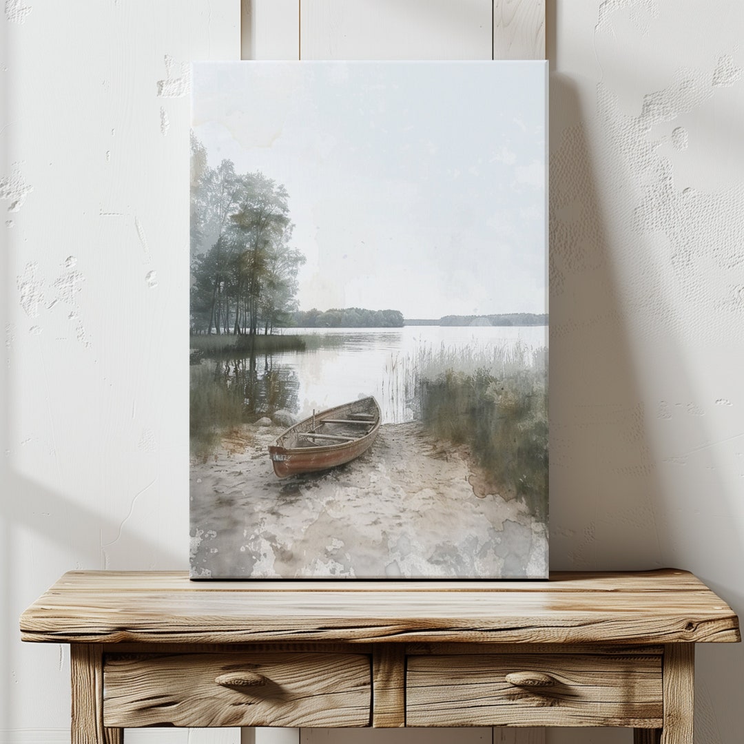 Rustic Lake Scene Wall Art, Vintage Boat Print, Tranquil Nature Home ...