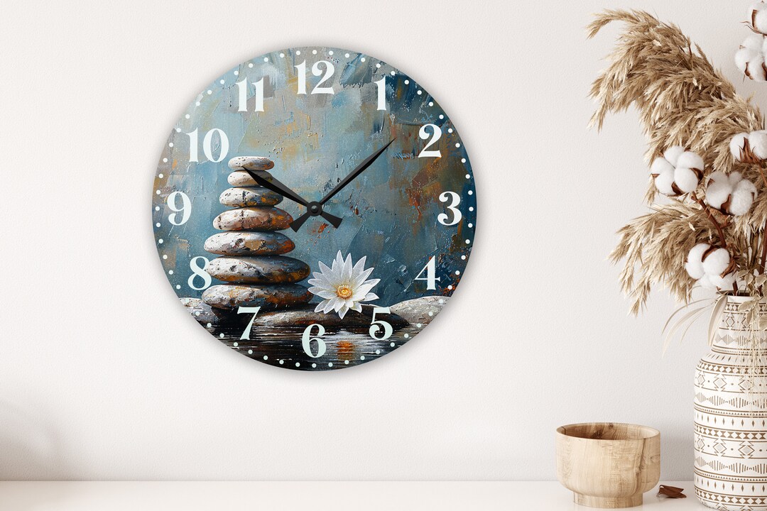 Zen Wall Clock With Stacked Stones and Water Lily Oil Painting Design ...