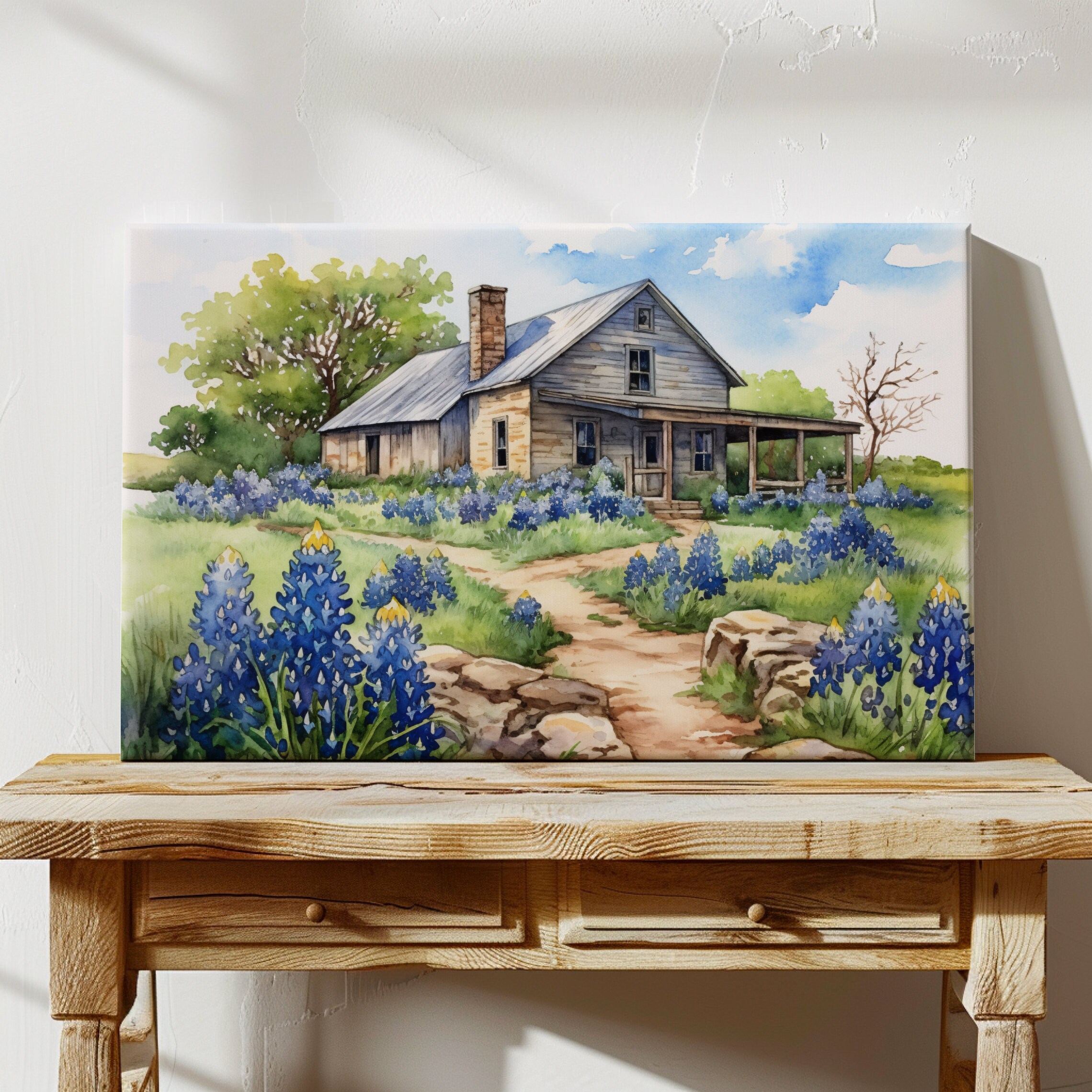 Country Farmhouse Watercolor Painting, Bluebonnet Field Wall Art ...