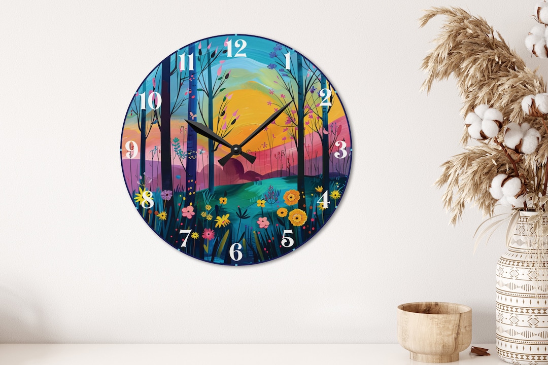 Whimsical Forest Wall Clock, Vibrant Nature Art, Round Colorful Floral ...