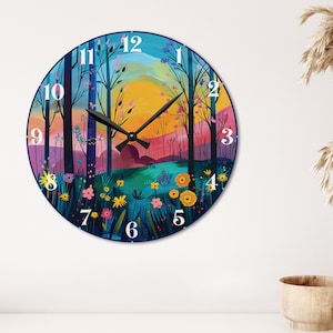 Whimsical Forest Wall Clock, Vibrant Nature Art, Round Colorful Floral ...