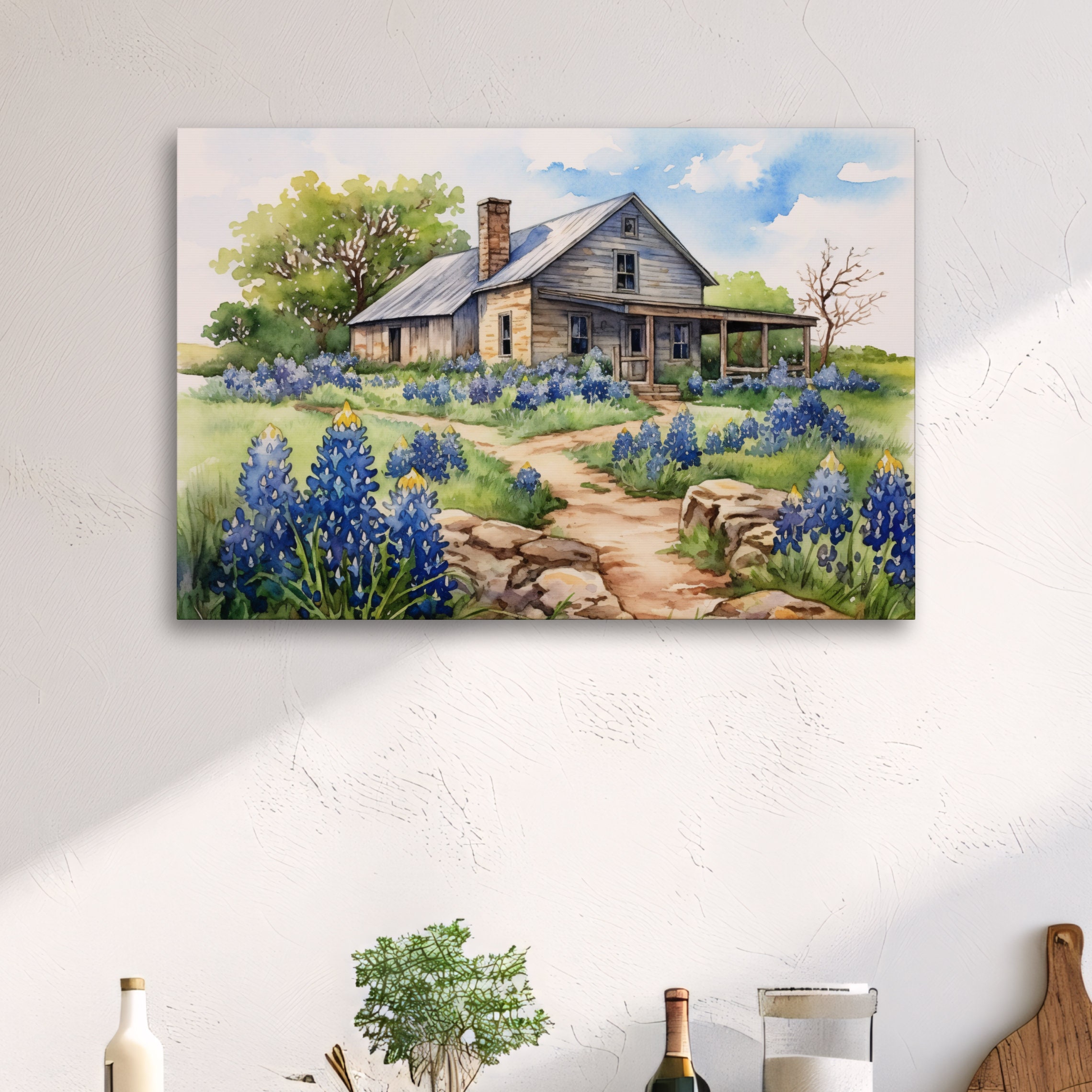 Country Farmhouse Watercolor Painting, Bluebonnet Field Wall Art ...