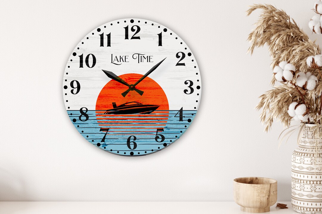 Lake Time Sunset Boat Wall Clock, Nautical Wall Art, Large Round Clock ...
