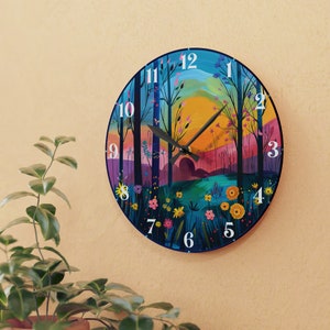 Whimsical Forest Wall Clock, Vibrant Nature Art, Round Colorful Floral ...