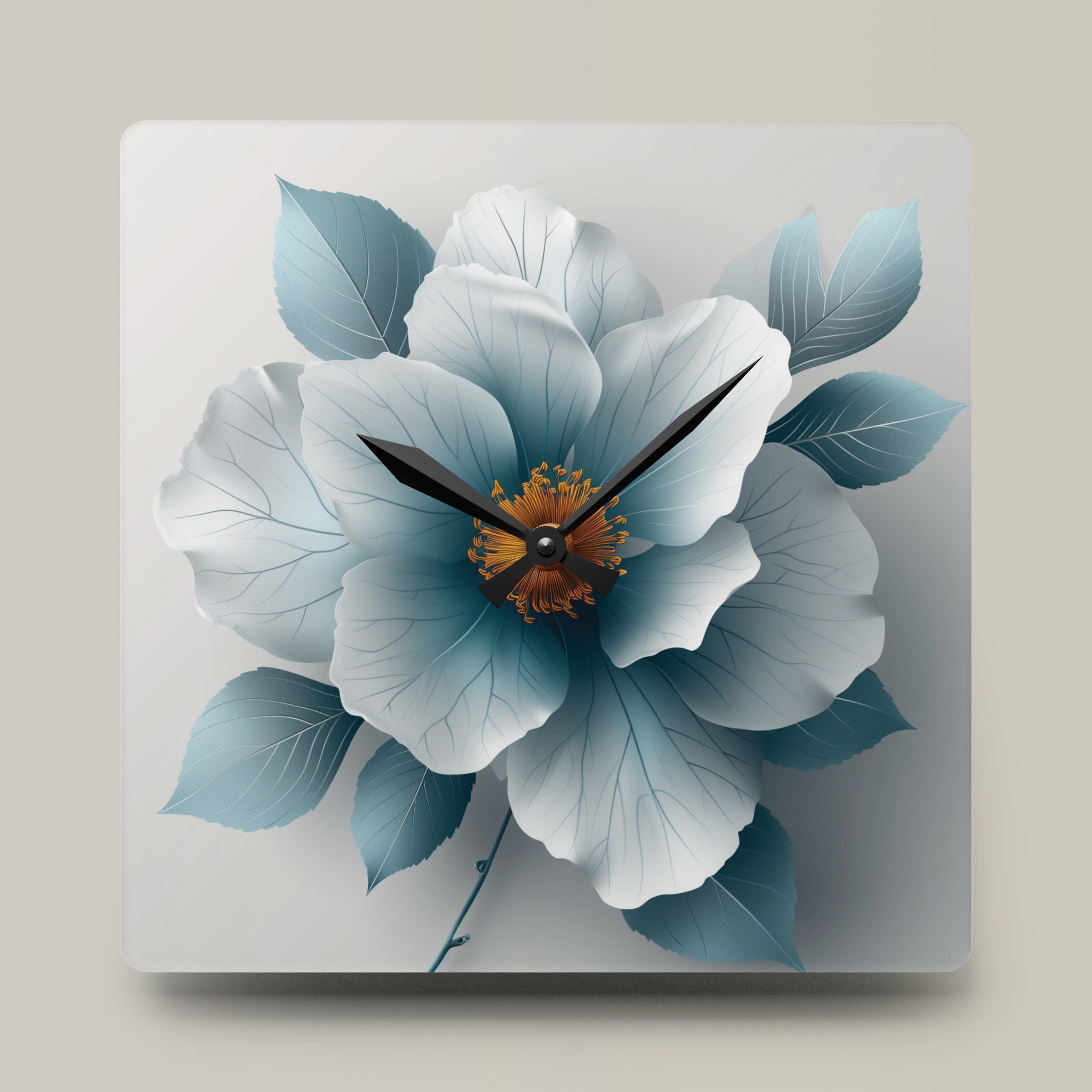 Floral Wall Clock, Elegant Blue Flower Design, Modern Botanical Home ...
