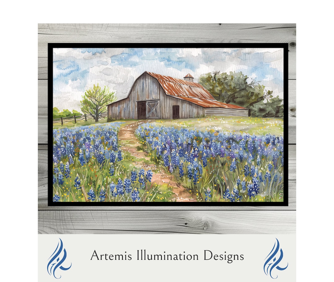 Farmhouse Barn and Bluebonnet Field Watercolor Art, Farmhouse Wall ...