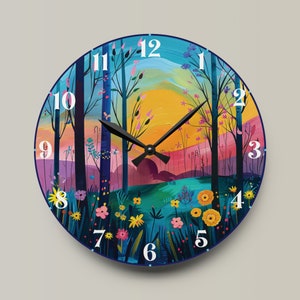 Whimsical Forest Wall Clock, Vibrant Nature Art, Round Colorful Floral ...