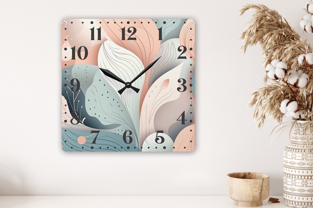 Pastel Plant Art Wall Clock, Modern Floral Design, Decorative Home ...