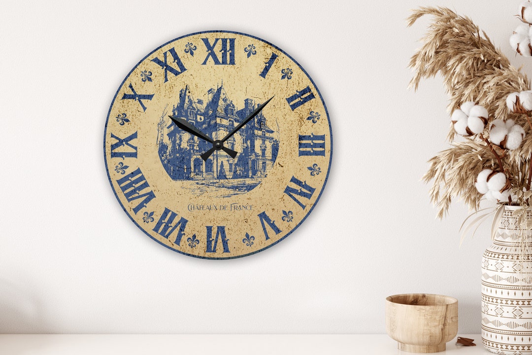 Vintage French Chateau Wall Clock, Distressed Blue or Black, Roman ...