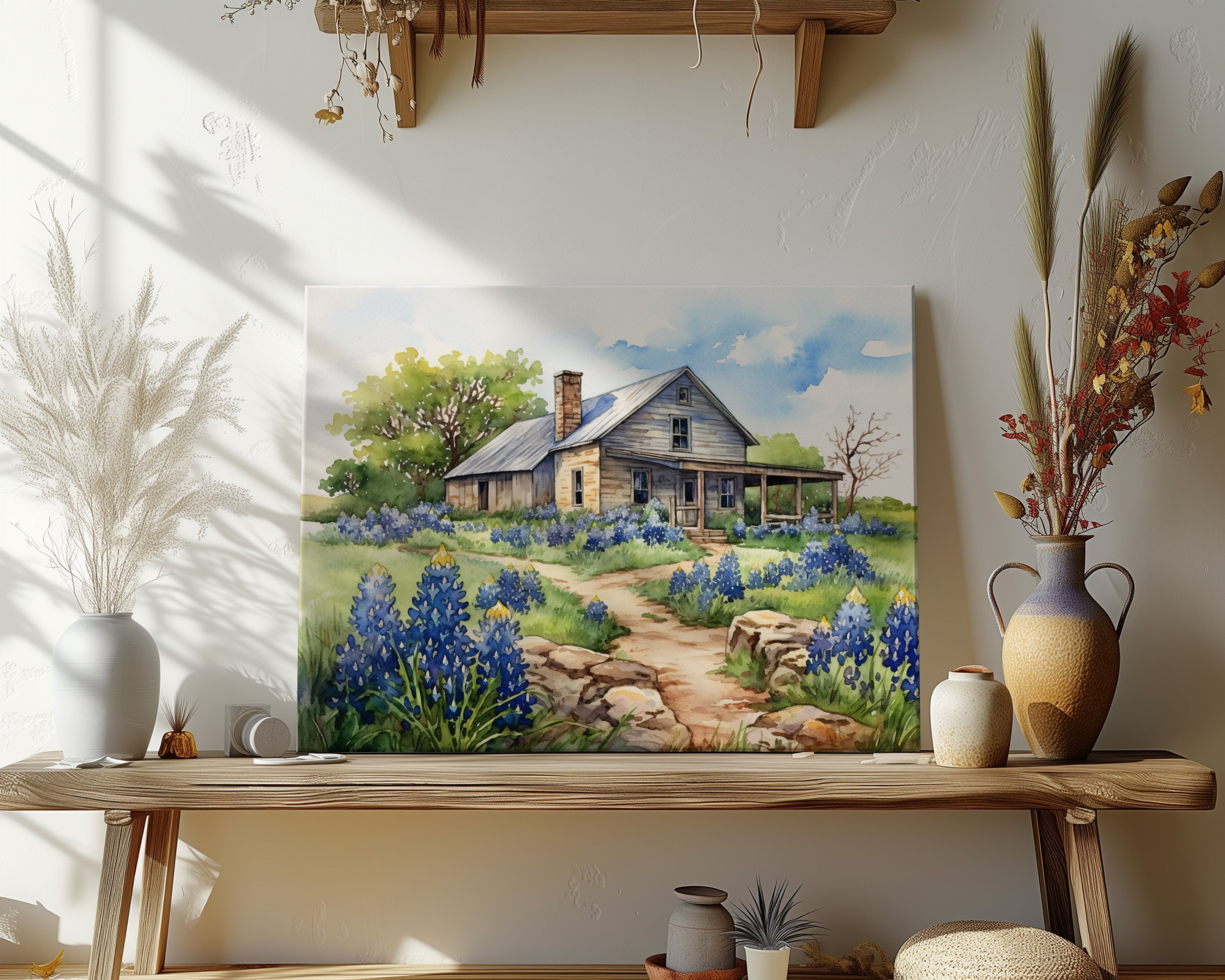 Country Farmhouse Watercolor Painting, Bluebonnet Field Wall Art ...