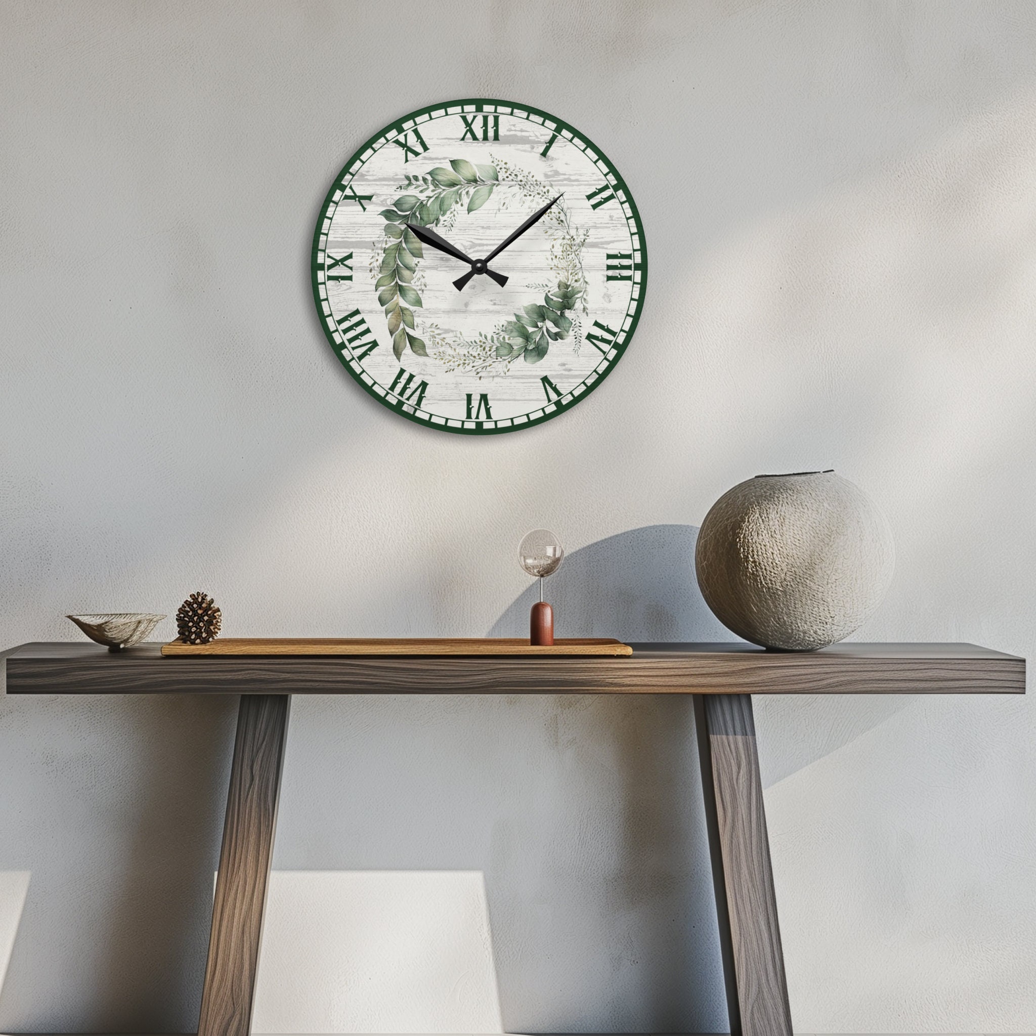 Rustic Farmhouse Wall Clock, Botanical Green Leaves, Home Decor, Silent ...