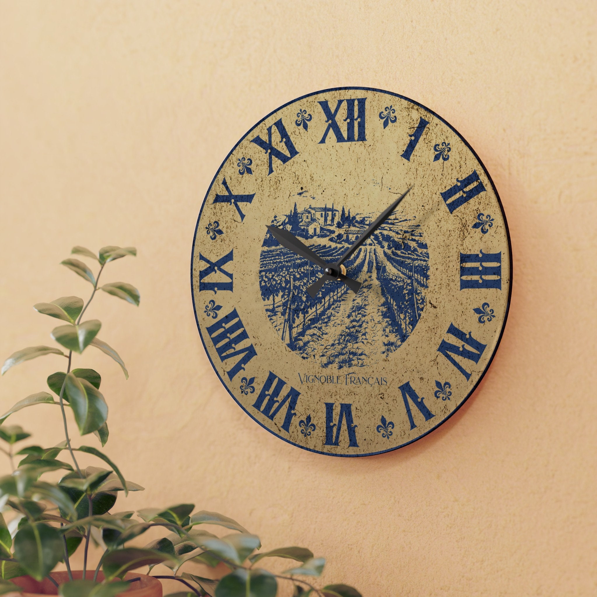 Vintage French Vineyard Wall Clock, Distressed Blue or Black, Roman ...