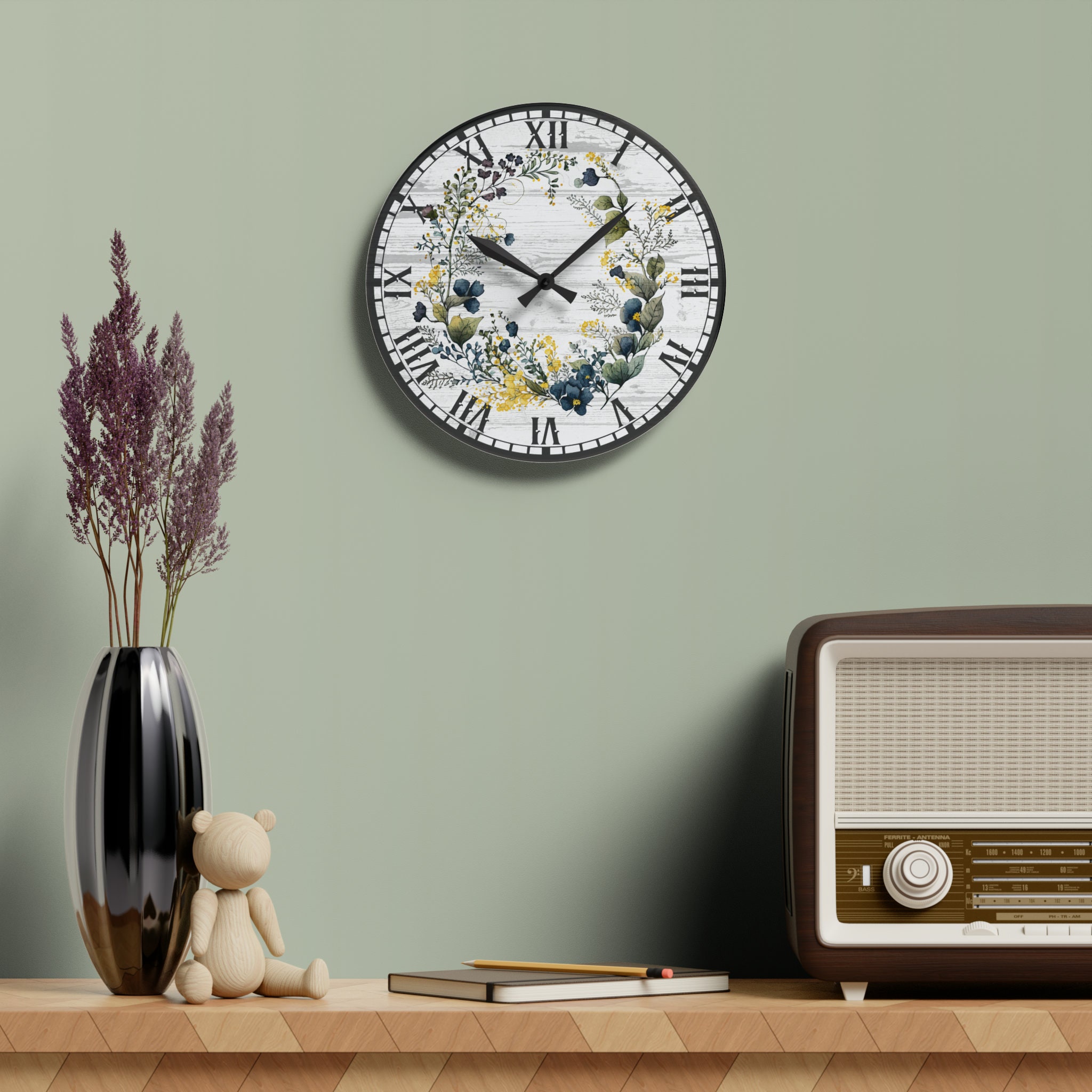 Floral Wall Clock, Rustic Farmhouse Decor, Large Wooden Round Clock ...