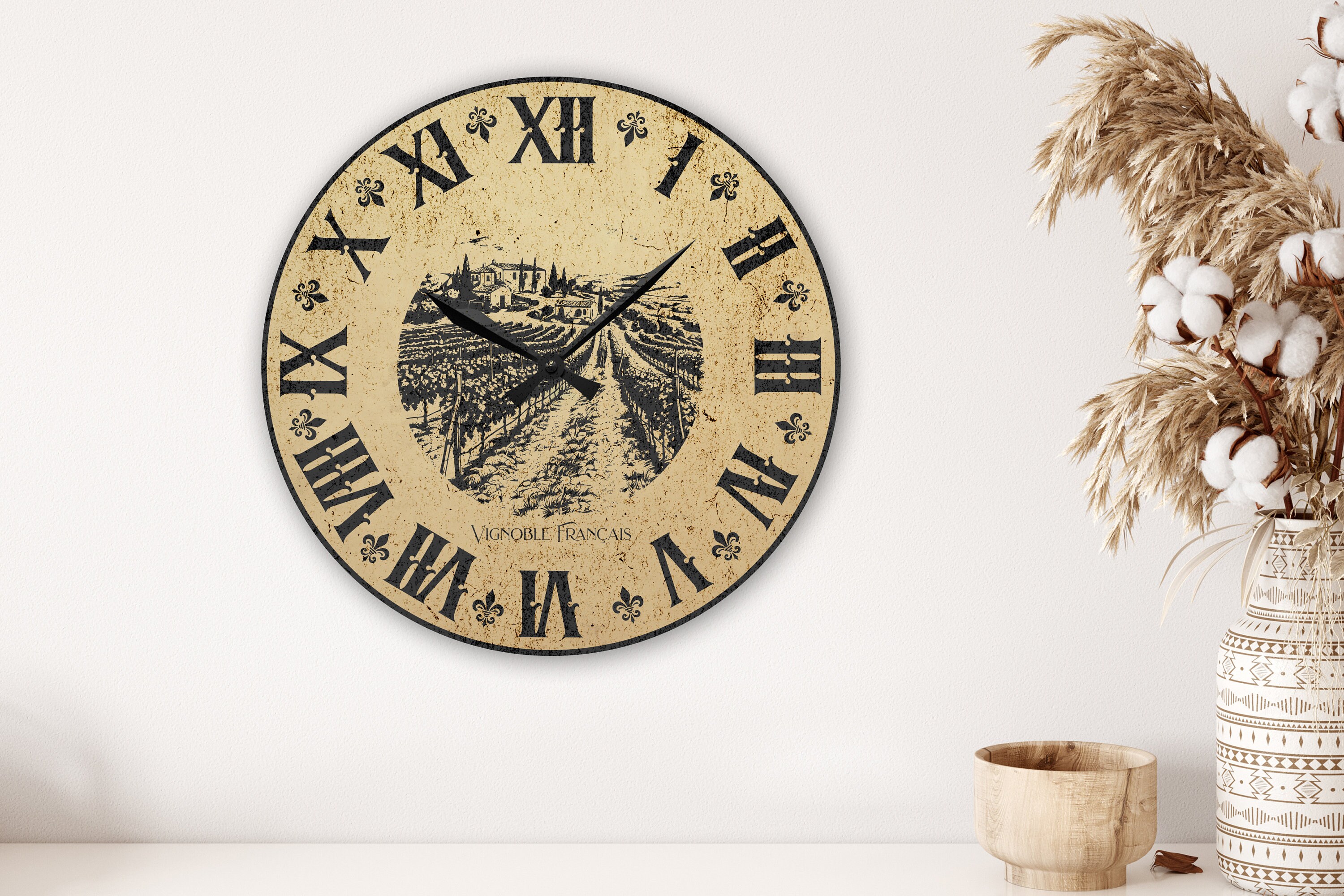 Vintage French Vineyard Wall Clock, Distressed Blue or Black, Roman ...