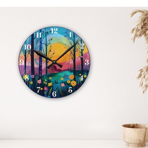 Whimsical Forest Wall Clock, Vibrant Nature Art, Round Colorful Floral ...