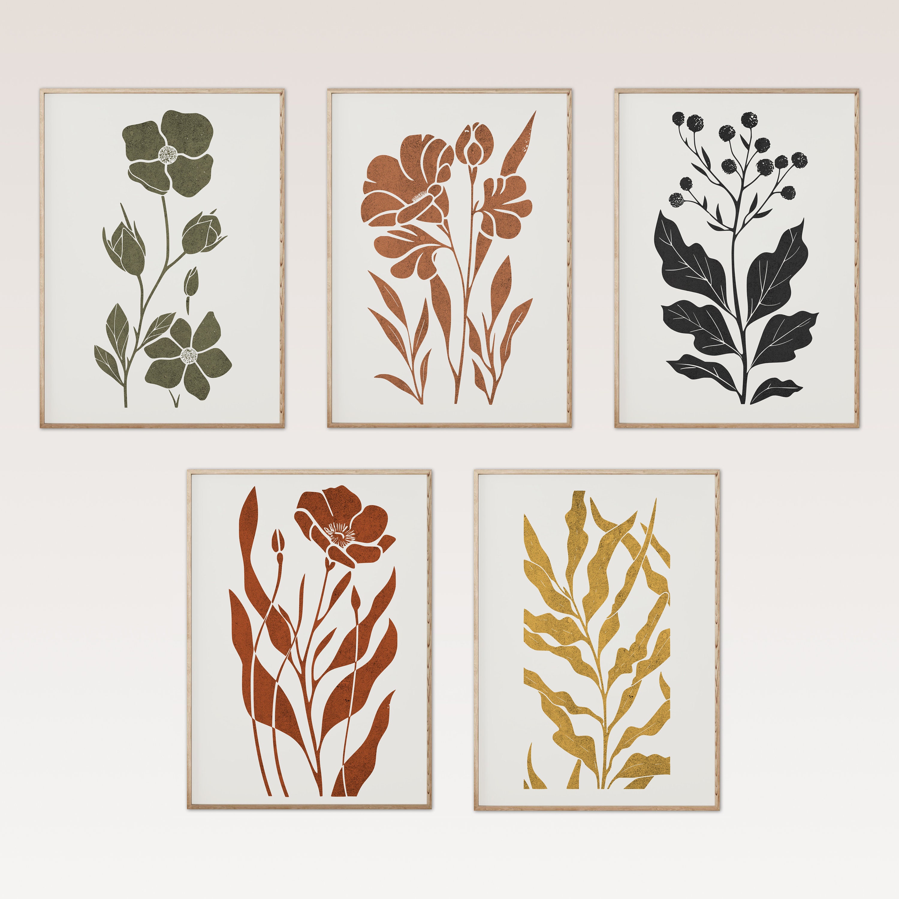 5 DESIGNS Printable Floral Art, Boho Wall Decor, Printable Earth Tone ...