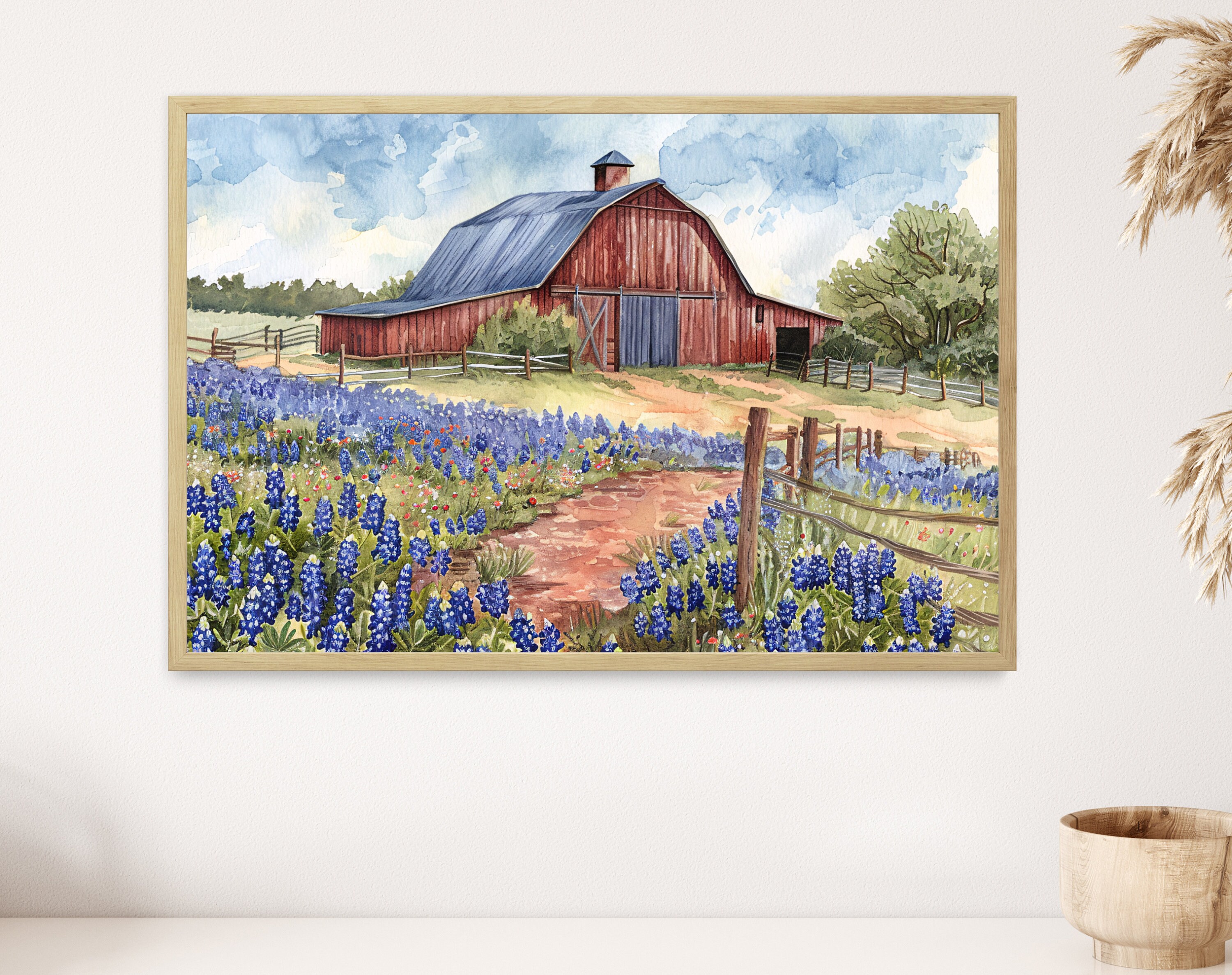 Rustic Barn and Bluebonnet Field Watercolor Painting, Country Farmhouse ...