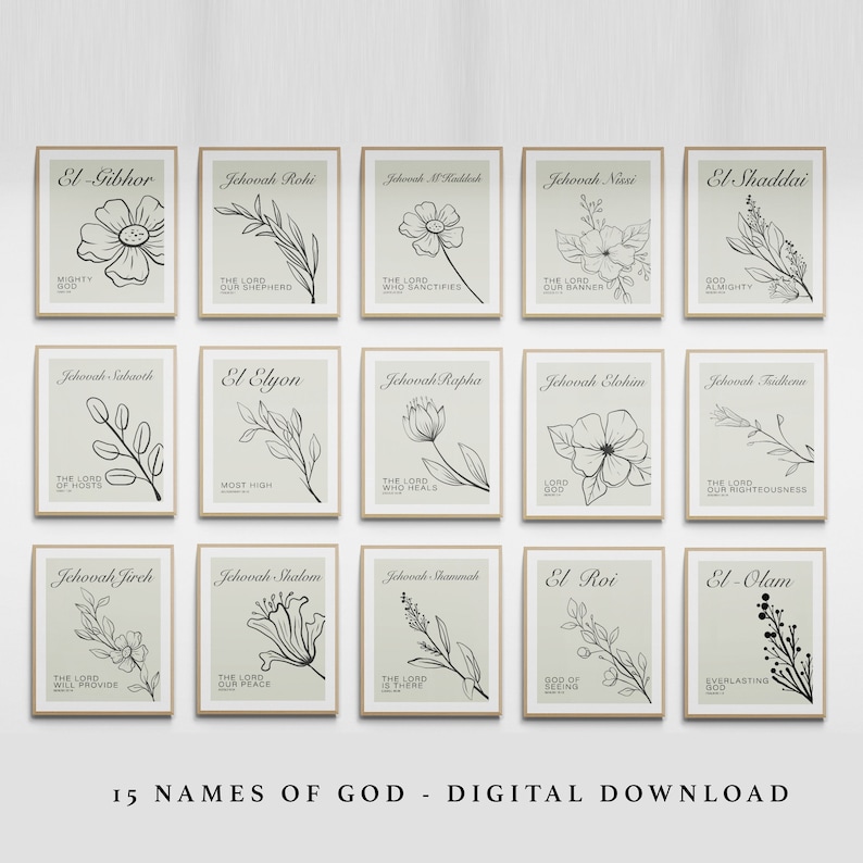 Hebrew Names of God Printable Art Set of 15 Shaddai Jireh Rapha Nissi ...