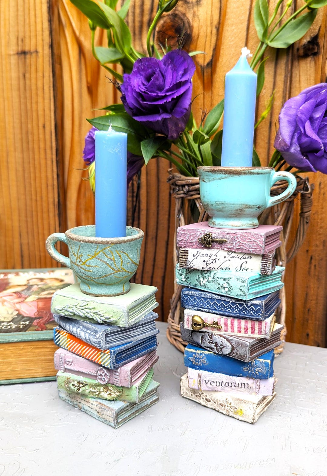 Book Stack Candle Holder: Hand-painted Concrete Vintage Decor - Etsy
