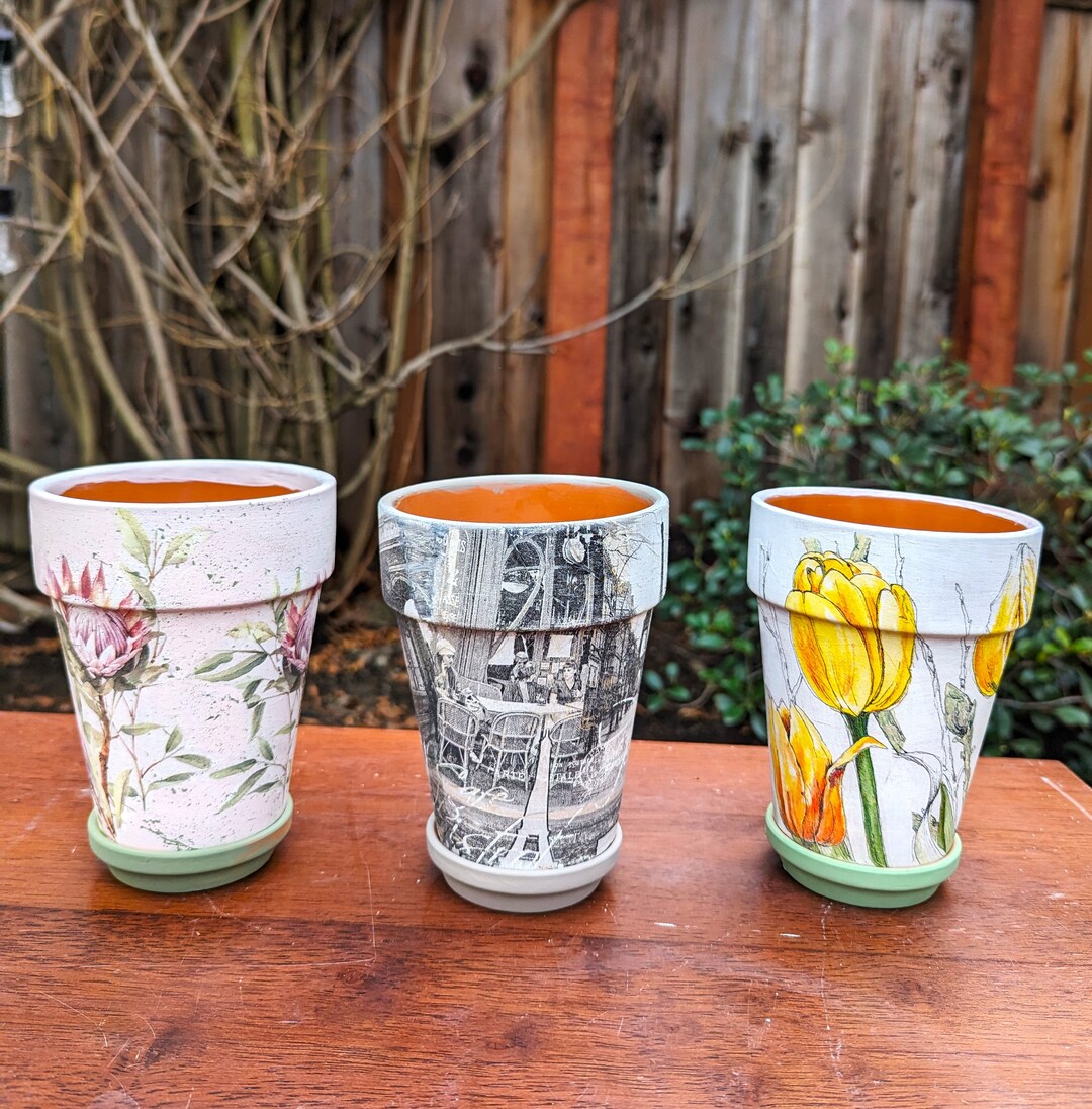 Decoupage Flower Pot Ready to Ship, Floral Print Decoupage Planter ...