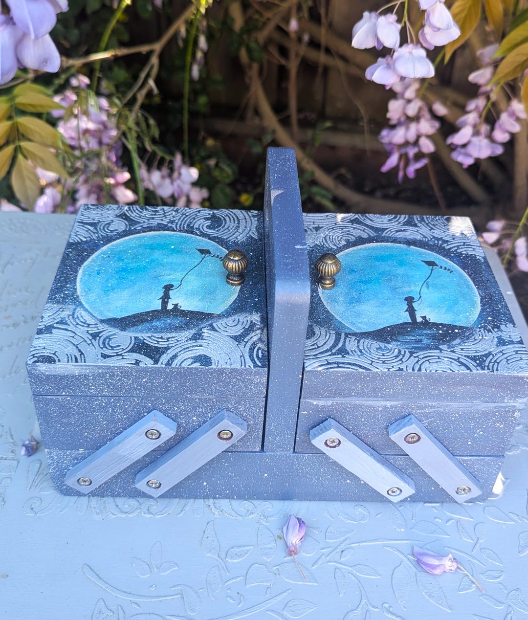Hand-painted Sewing Box – Expandable Wooden Organizer With Moonlit Kite ...
