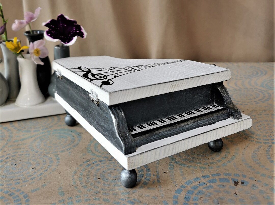 Wooden Jewelry Piano Box, Music Piano Keys Trinket Box, Piano Treasure ...