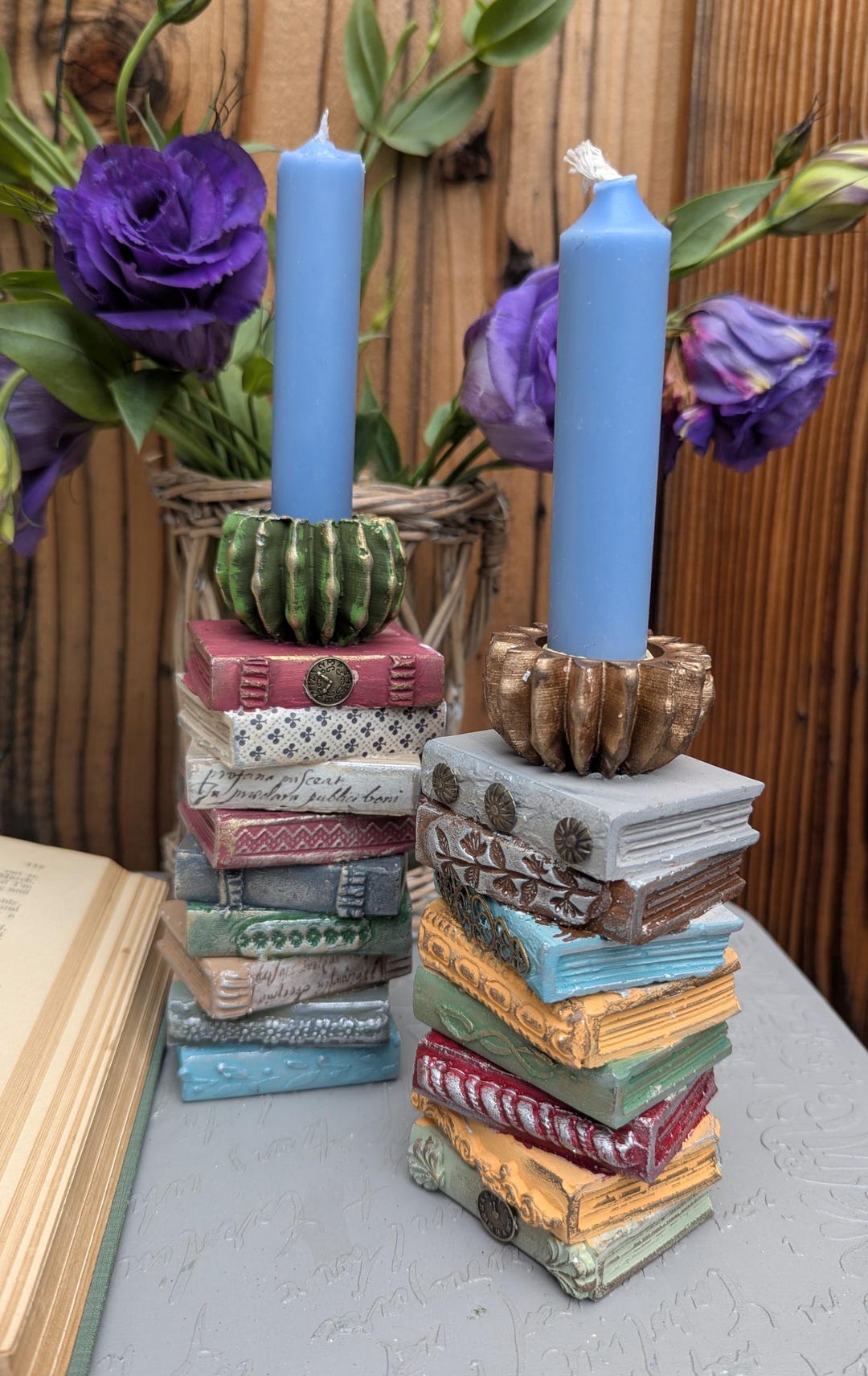 Concrete Book Stack Candle Holder: Hand-painted Vintage Style - Etsy