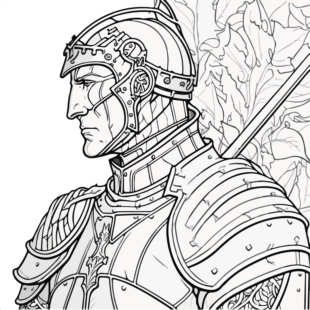 High-resolution Digital Coloring Page Noble Knight in Black and White ...