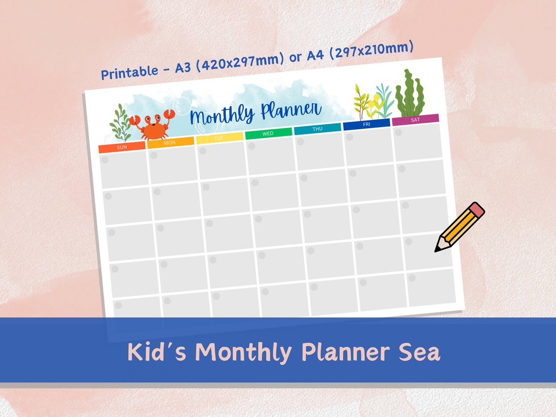 Kid's Monthly Planner Sea. Kids Activity Chart. Kids Daily Calendar ...